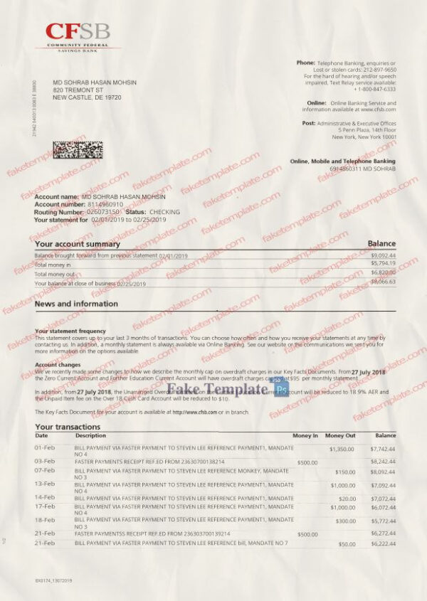 Community Federal Savings : Payoneer bank statement template
