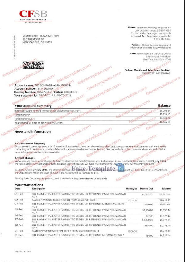 Community Federal Savings : Payoneer bank statement template