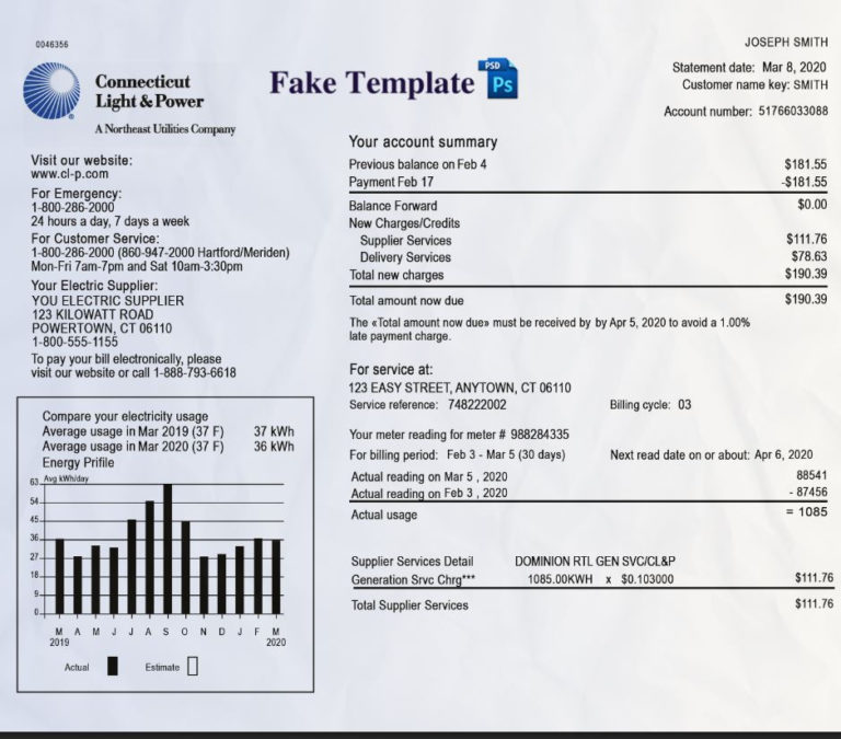 Connecticut Utility Bill Psd Template - Connecticut Light Power Bill