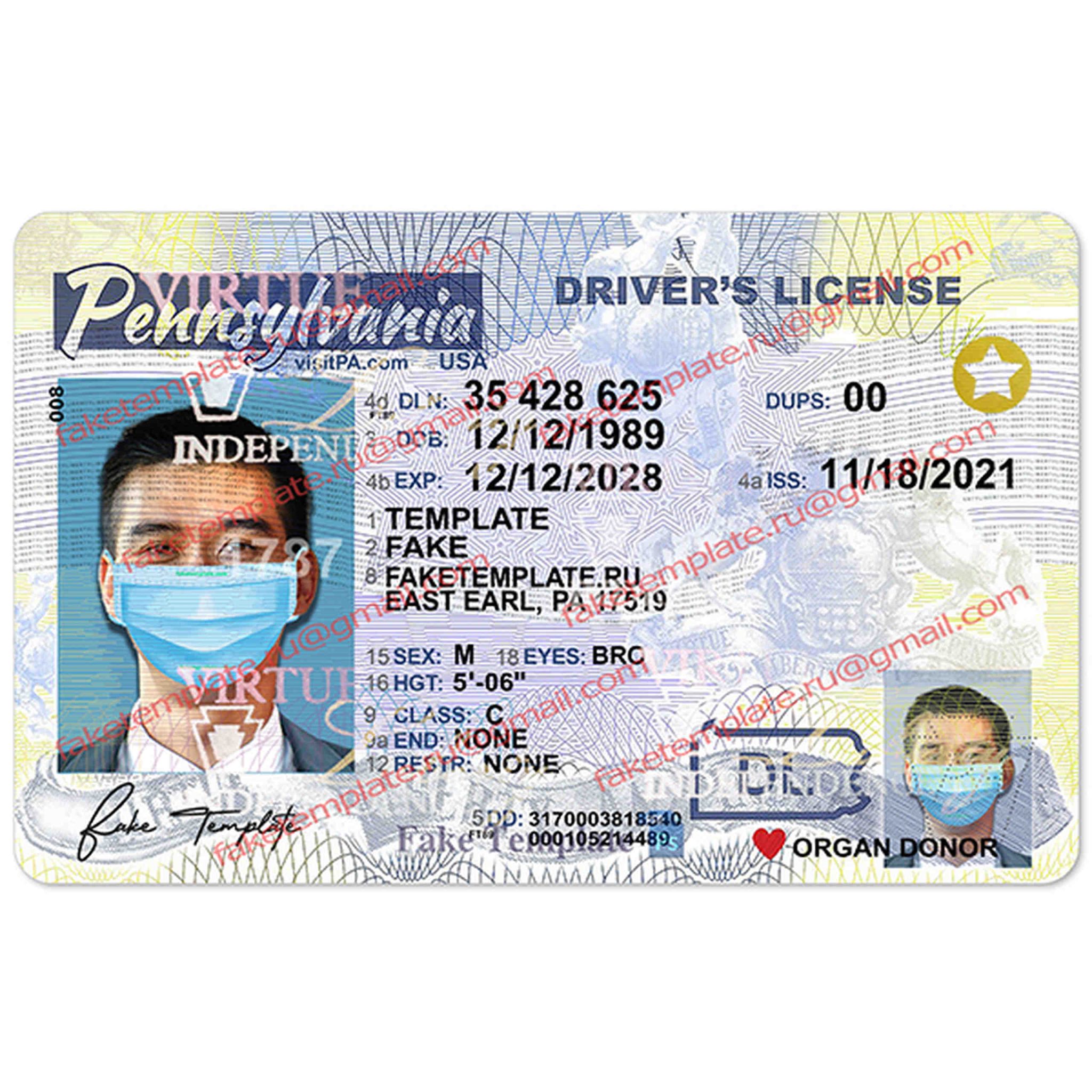 Pennsylvania Drivers License Template - Fake PA Drivers License
