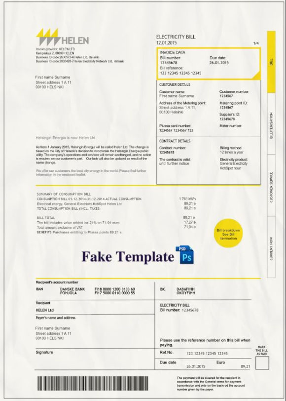 Finland Utility Bill Psd Template: Finland Proof of address