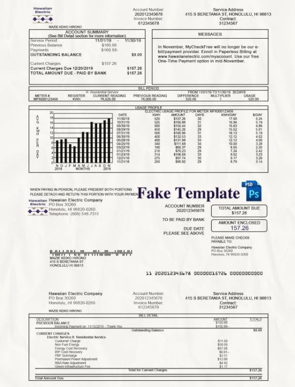 Hawaii Utility Bill Psd Template - High quality - Fake Template