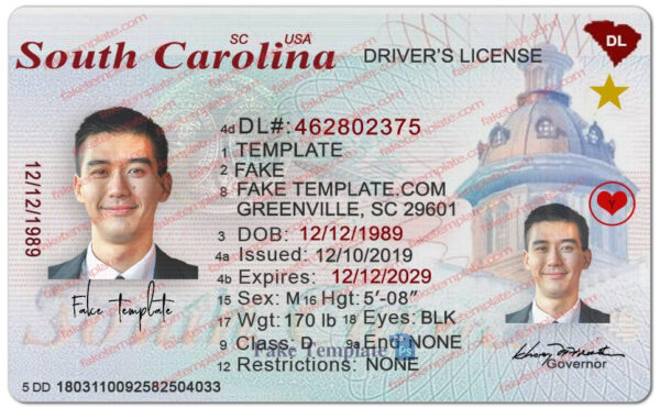 South Carolina Drivers License Template V1 - Fake Template