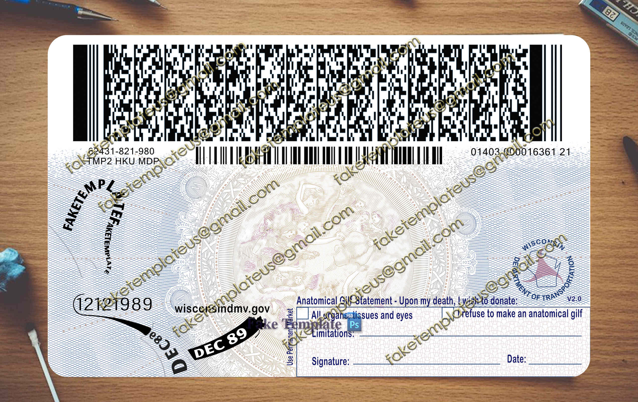 Fake Wisconsin Drivers License New V3 1200 DPI - Fake Template