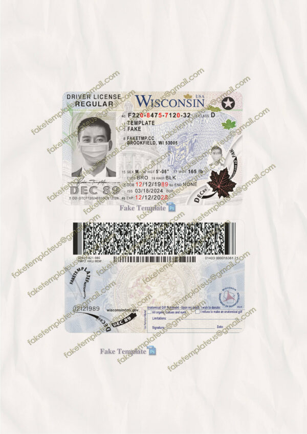 Fake Wisconsin Drivers License New V3 1200 DPI - Fake Template