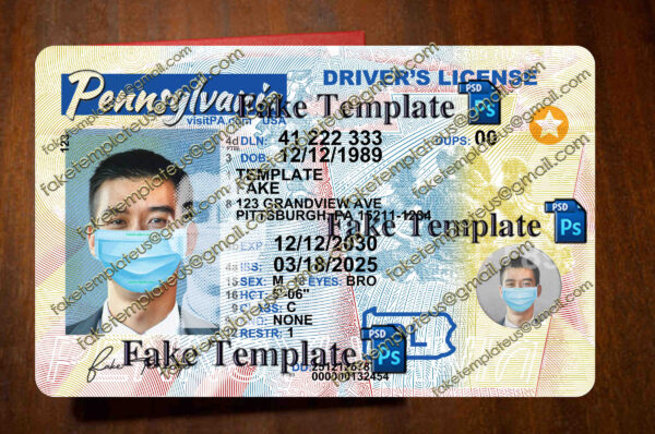 Fake Pennsylvania Drivers License PSD Template 2400 DPI (2025)